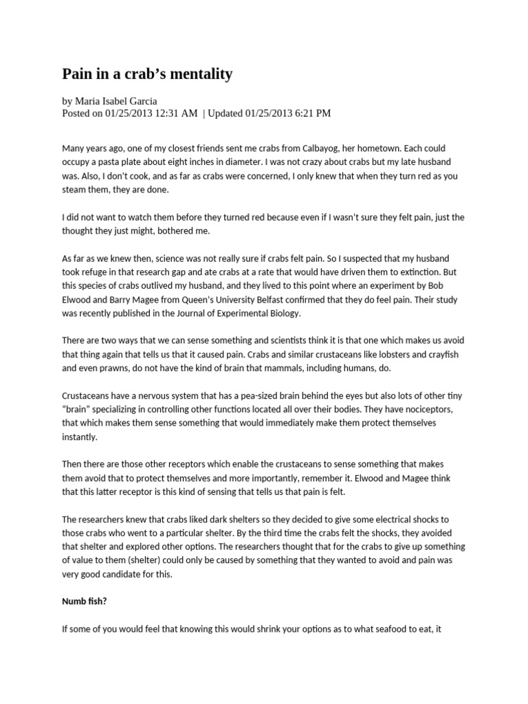 Pain in A Crab | PDF | Fish | Pain