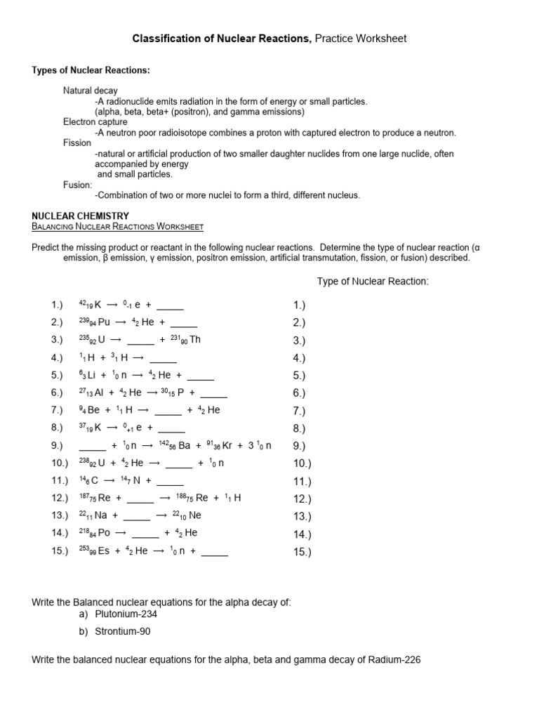 2020 Worksheet 1 - Classification of Nuclear Reactions | PDF