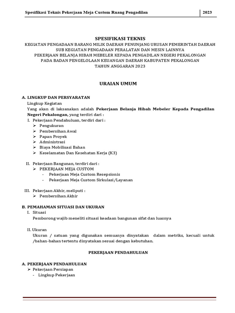 Spesifikasi Meja Pengadilan | PDF