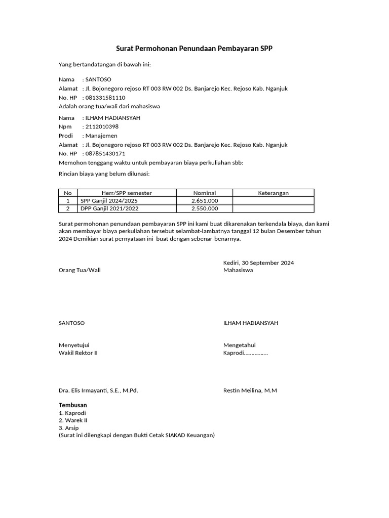 Surat Permohonan Penundaan Pembayaran SPP 1 2 1 1 | PDF