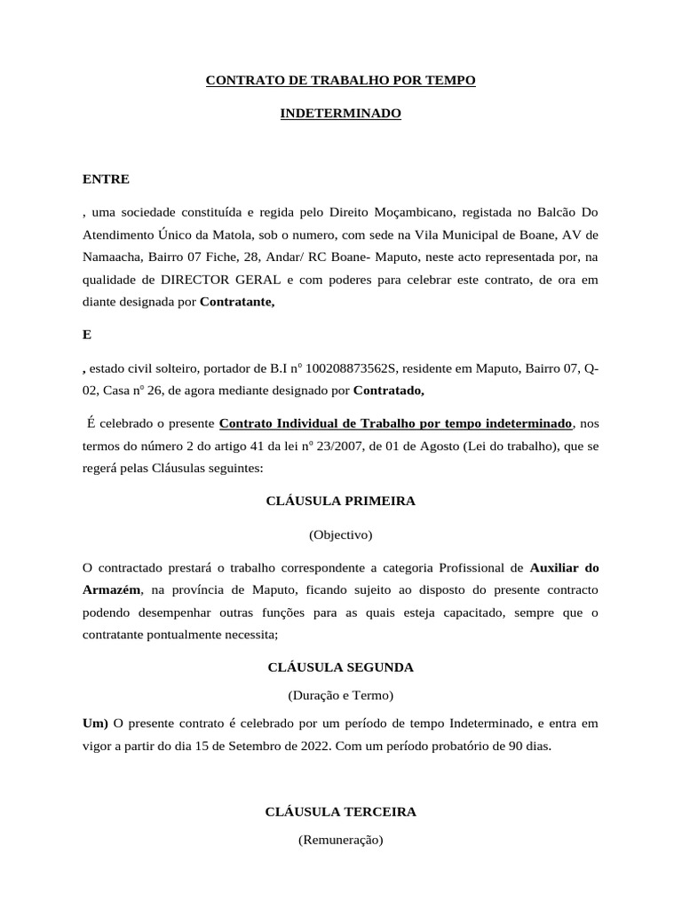 Contrato de Trabalho Por Tempo Indeterminado | PDF