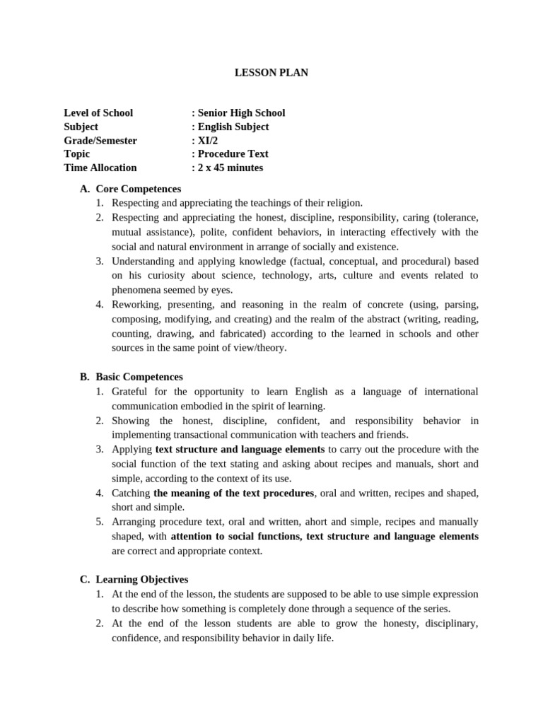 Contoh Lesson Plan Procedure Text | PDF