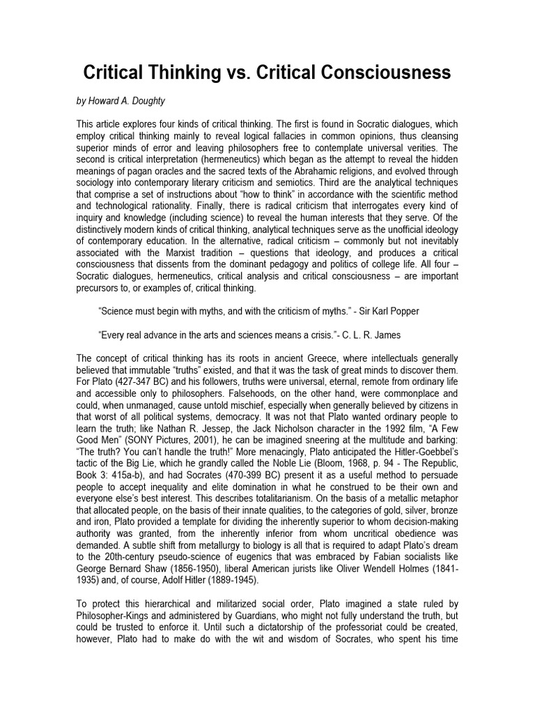 Critical Thinking Vs Critical Consciousness | PDF