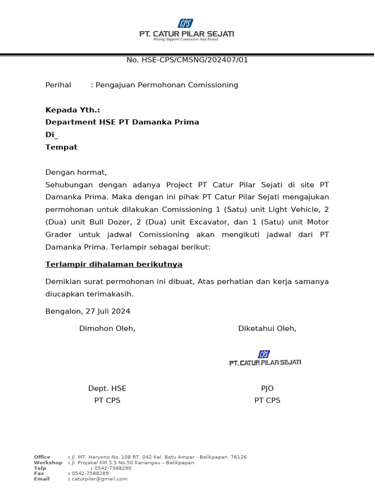 Pengajuan Commissioning | PDF