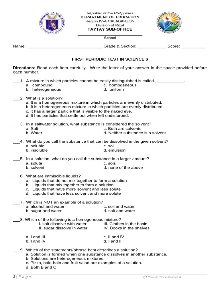First Periodic Test in Science 6 Sy 2023 2024 JMN | PDF