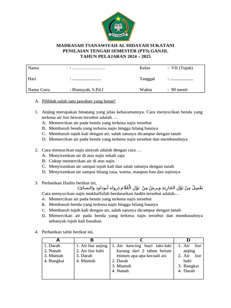 Soal PTS Ganjil Fiqih | PDF