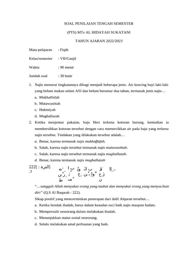 Soal PTS Fiqih 7 Ganjil | PDF