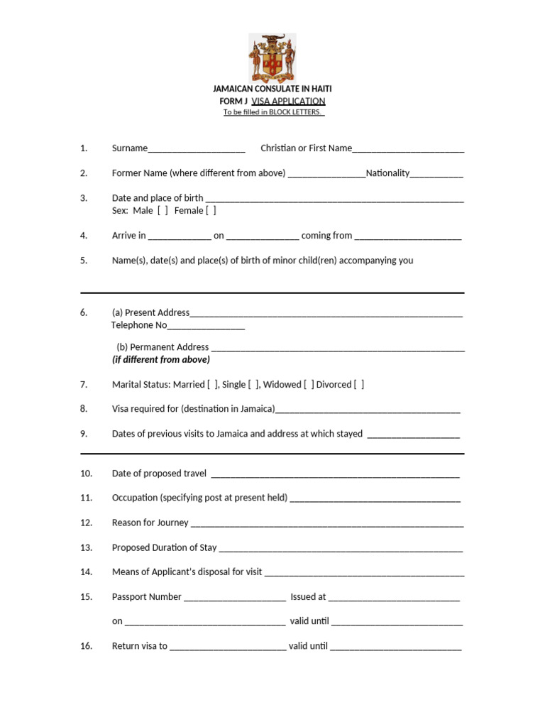 Jamaican Visa Application Form J | PDF