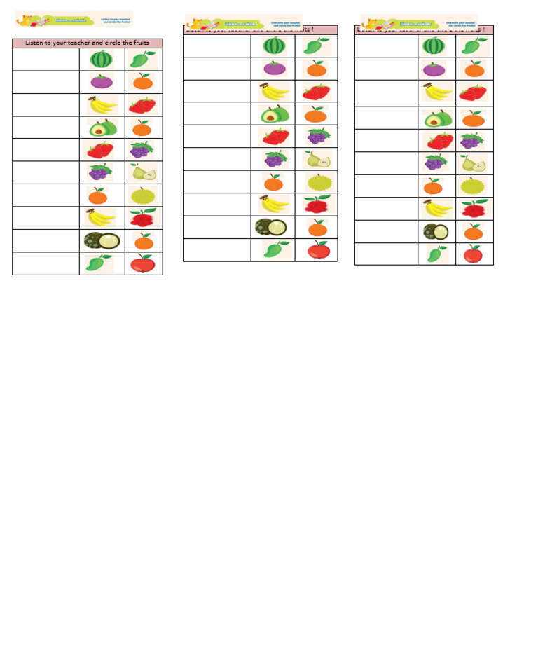 Listen To Your Teacher and Circle The Fruits | PDF