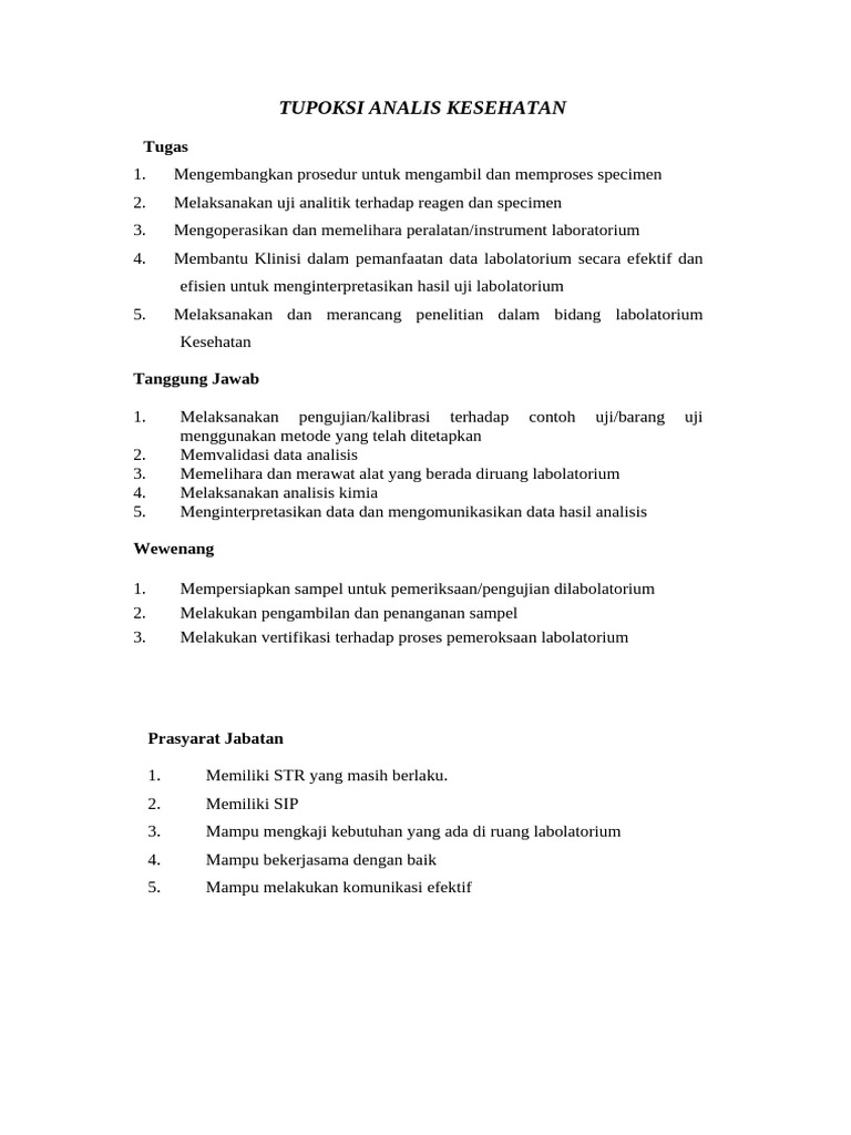 Tupoksi Analis Kesehatan | PDF
