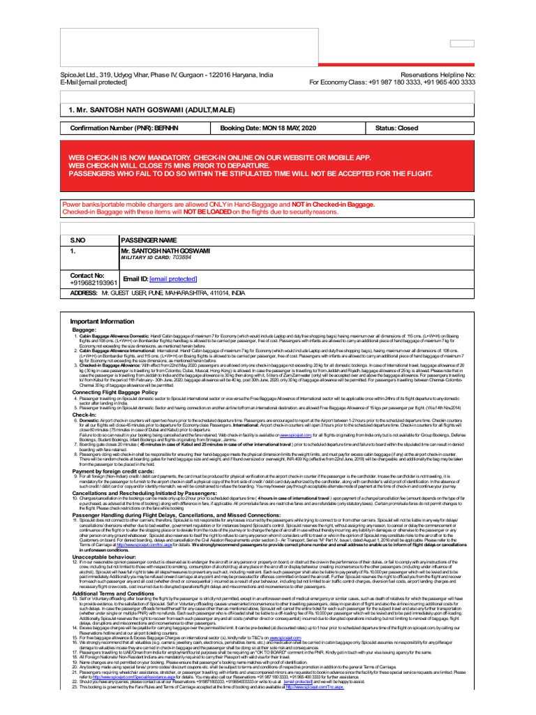 SpiceJet - E-Ticket - PNR BEFNHN - Ticket Number - 030911271527 - For ...