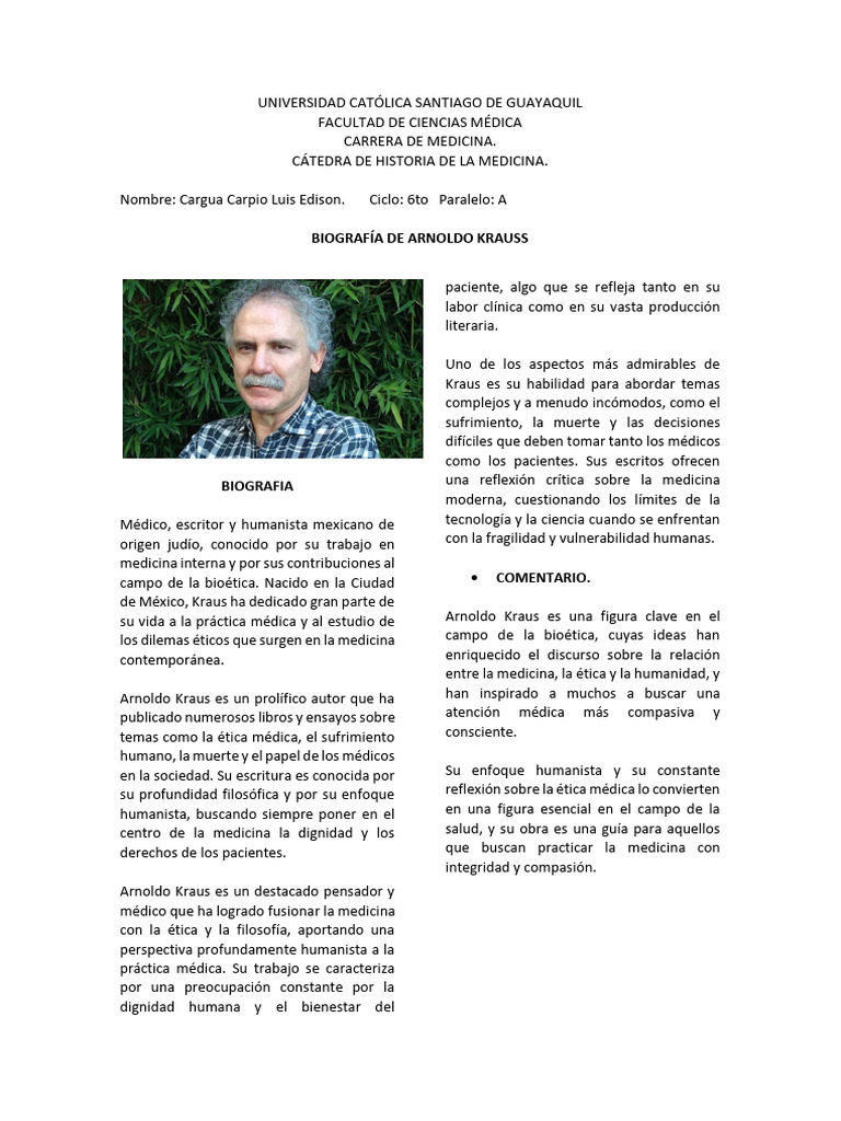 Biografía de Arnoldo Kraus: Médico y Humanista | PDF | Medicina | Bioética