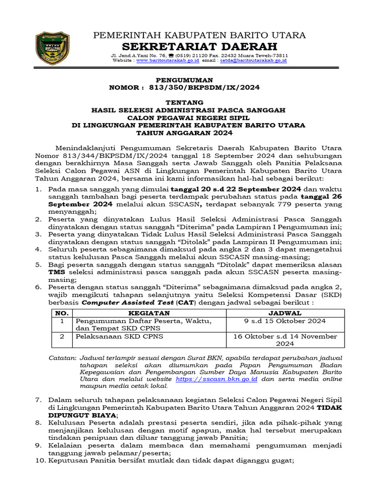 Pengumuman Hasil Seleksi Administrasi Pasca Sanggah Calon Pegawai Negeri Sipil Di Lingkungan ...