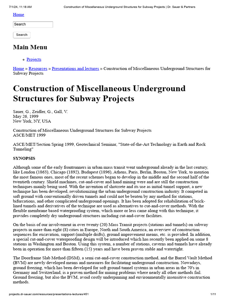 Construction of Miscellaneous Underground Structures For Subway Projects - Dr. Sauer & Partners ...