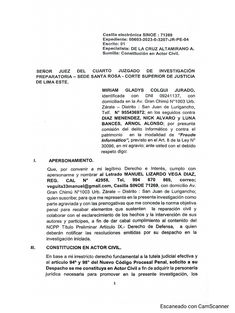 Escrito de Constitucion en Actor Civil PDF | PDF