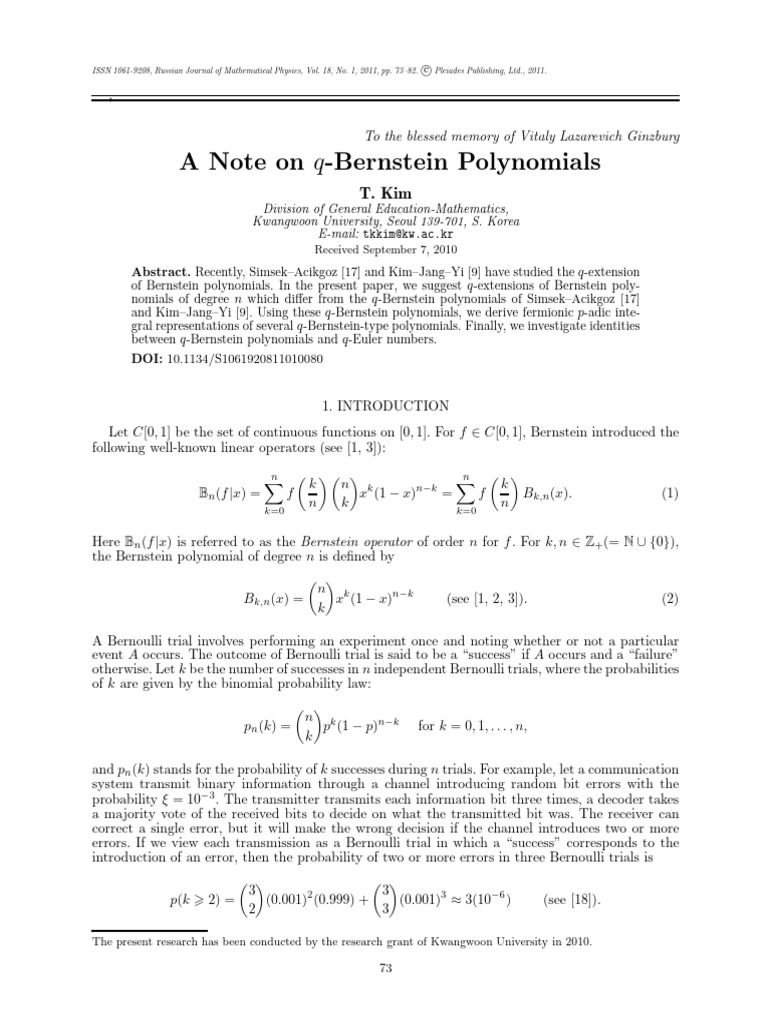 A Note On - Bernstein Polynomials: T. Kim | PDF
