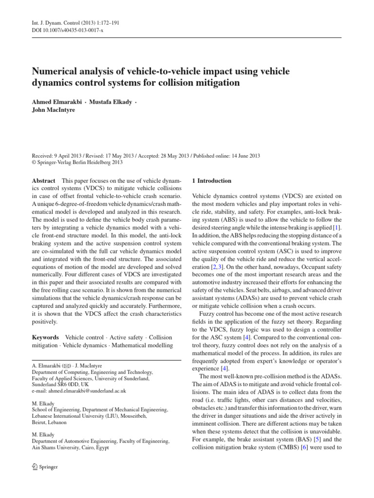 Numerical Analysis of Vehicle-To-Vehicle Impact Using Vehicle Dynamics Control Systems For ...