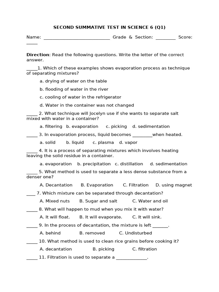 Second Summative Test in Science 6 | PDF | Filtration | Evaporation