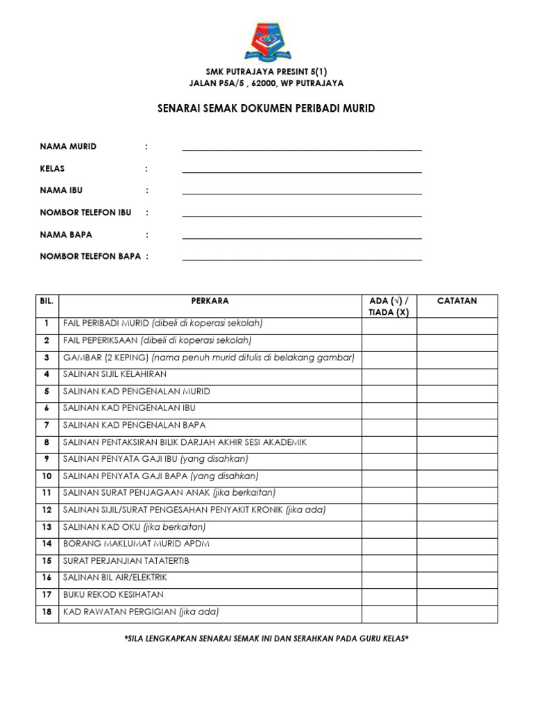 Senarai Semak Dokumen Peribadi Murid | PDF