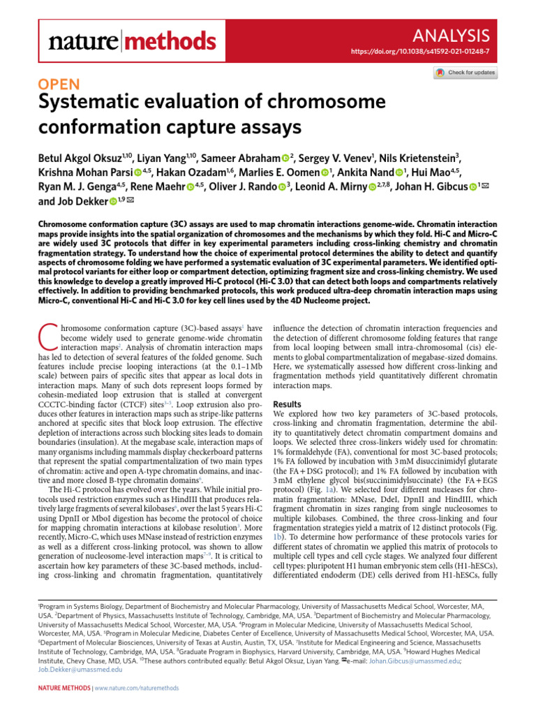 Nature Methods 染色质构象捕获方法的系统评价（Micro C，传统Hi C，Hi C3.0） | PDF