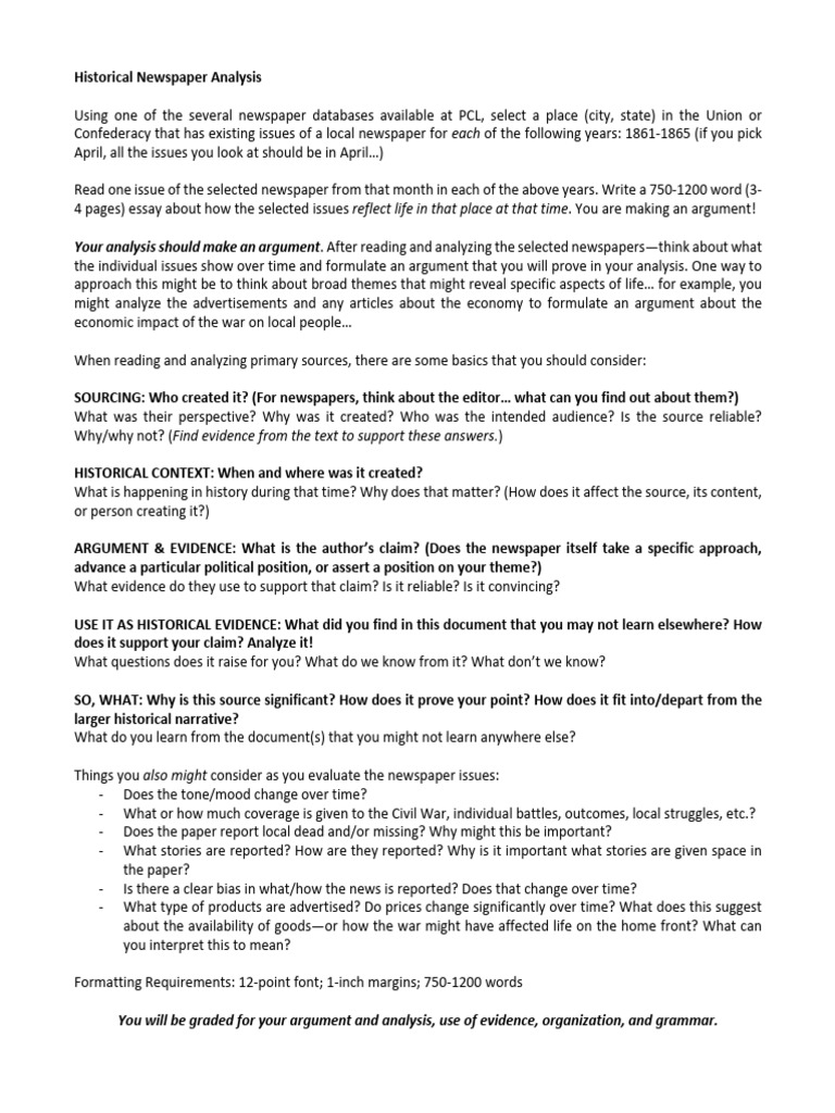Historical Newspaper Analysis Directions | PDF