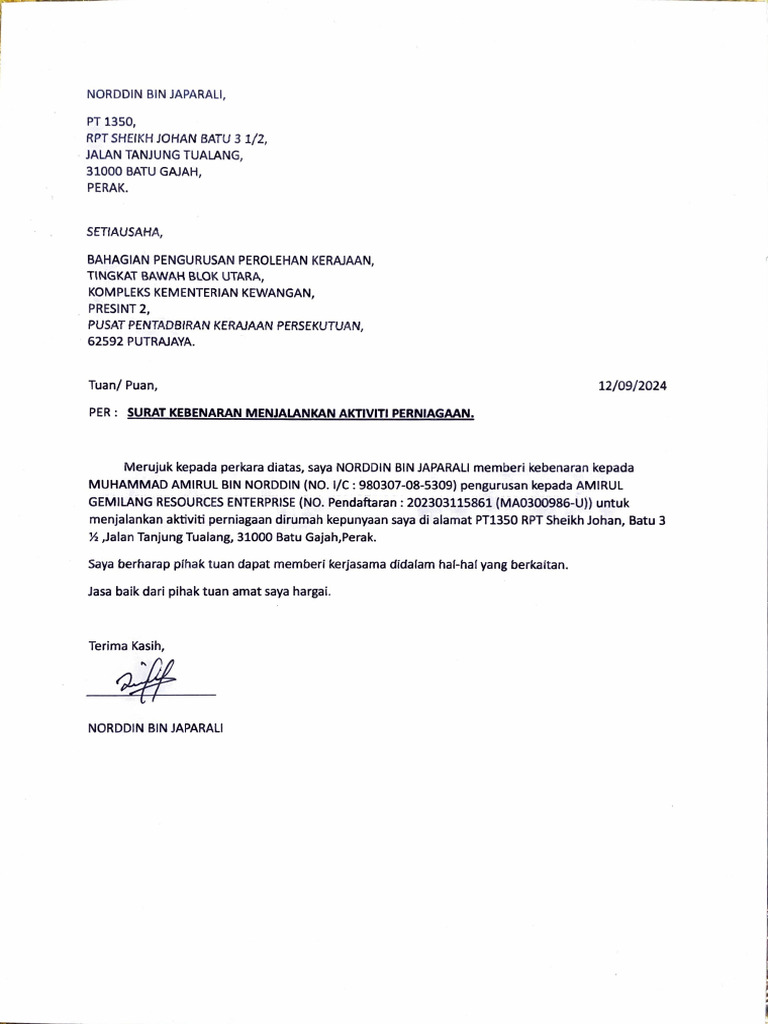 Surat Kebenaran Menjalankan Aktiviti Perniagaan | PDF