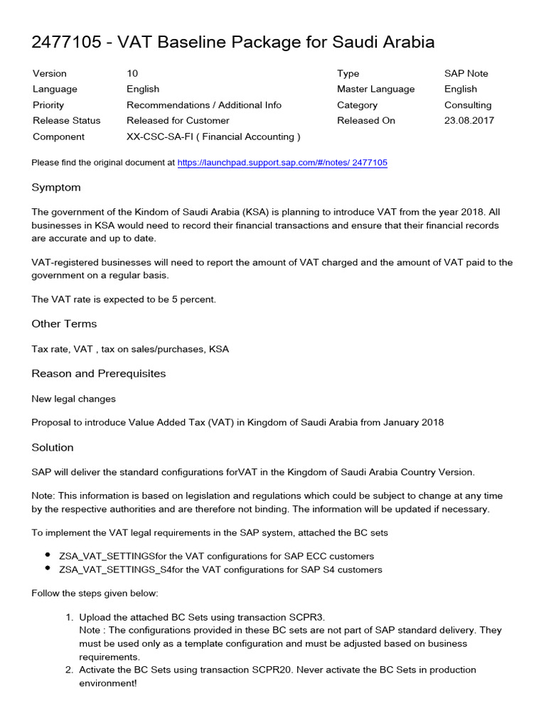 VAT - KSA - SAP Note For Reference | PDF