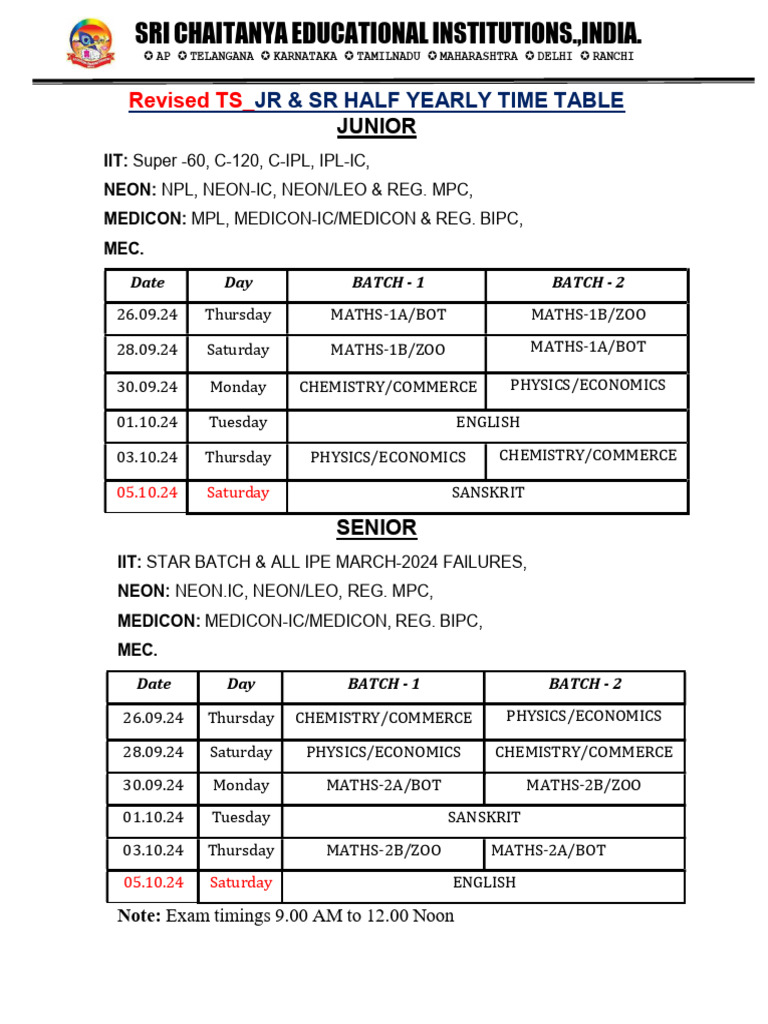 Revised TS - HALF YEARLY TIME TABLE 2024-25 | PDF
