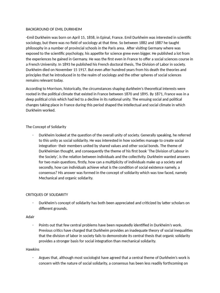 Background of Emil Durkheim | PDF