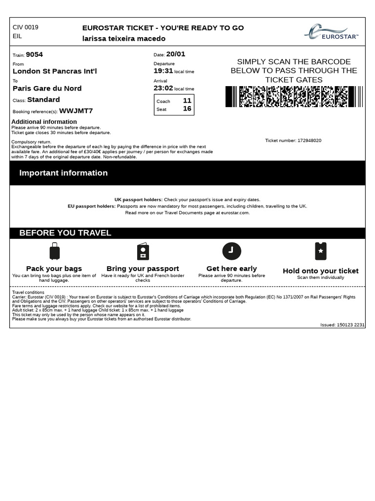 WWJMT7 Paris Gare Du Nord 20 Jan 2023 Ticket1 | PDF