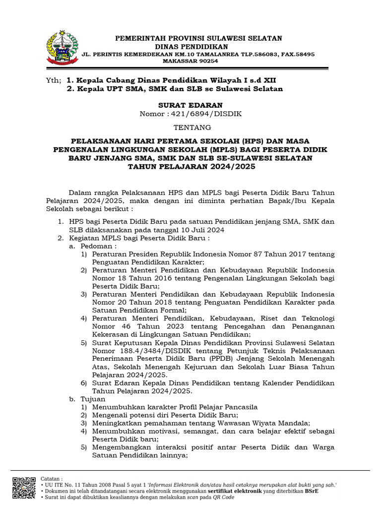 Surat Edaran Pelaksanaan Hari Pertama Sekolah Dan MPLS | PDF