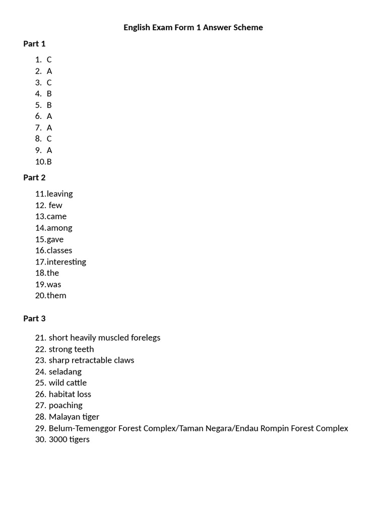English Exam Form 1 Answer Scheme | PDF