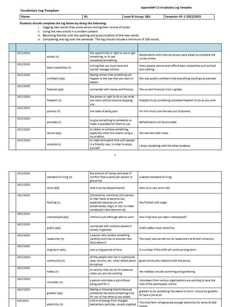 Vocabulary Log | PDF