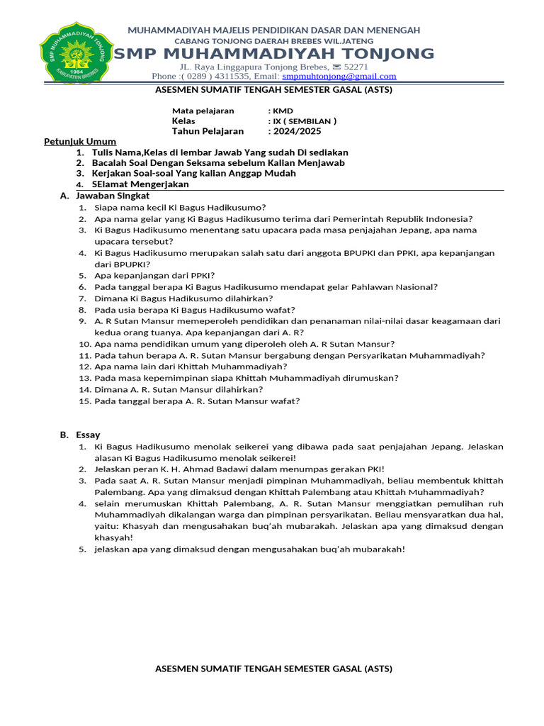 Soal ASTS Kemuhammadiyahan Kelas IX Ganjil 2024-2025 | PDF