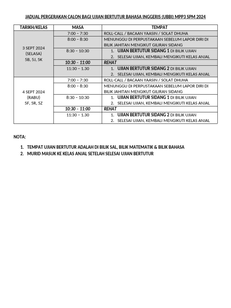 Jadual Pergerakan Pelajar Ubbi Mpp3 2024 (Trial f5) | PDF