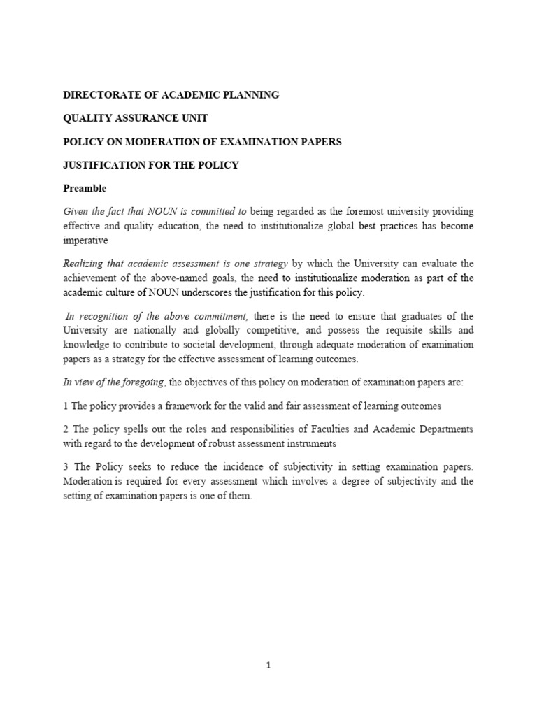 Policy On Moderation of Examination Papers | PDF