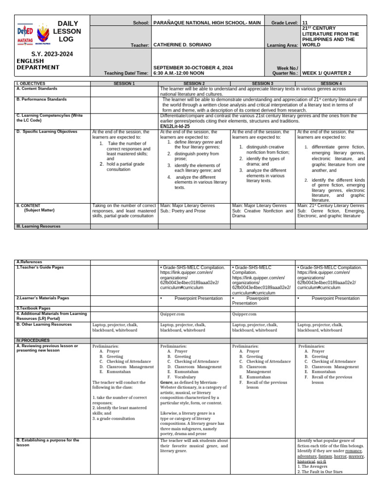 DLL Q2 - SEM 1 Week 1 | PDF
