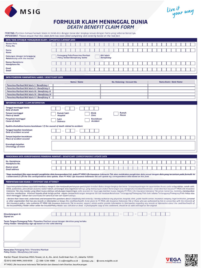 Form Claim Manfaat Meninggal Dunia - MSIG | PDF
