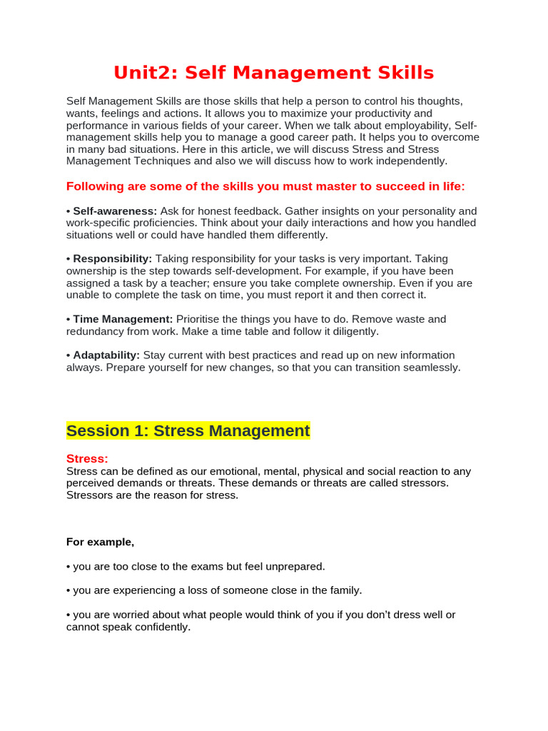 Unit2 Self Management Skills-II Notes | PDF