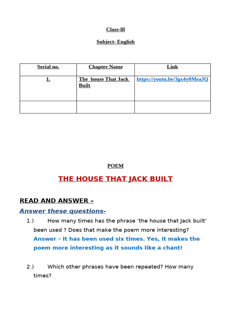 The House That Jack Built Class 3 | PDF