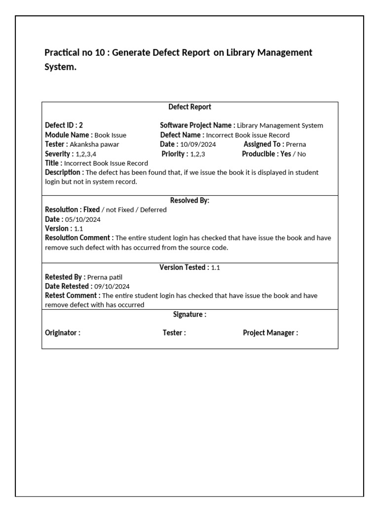 Defect Report Library Management (1) Ak | PDF