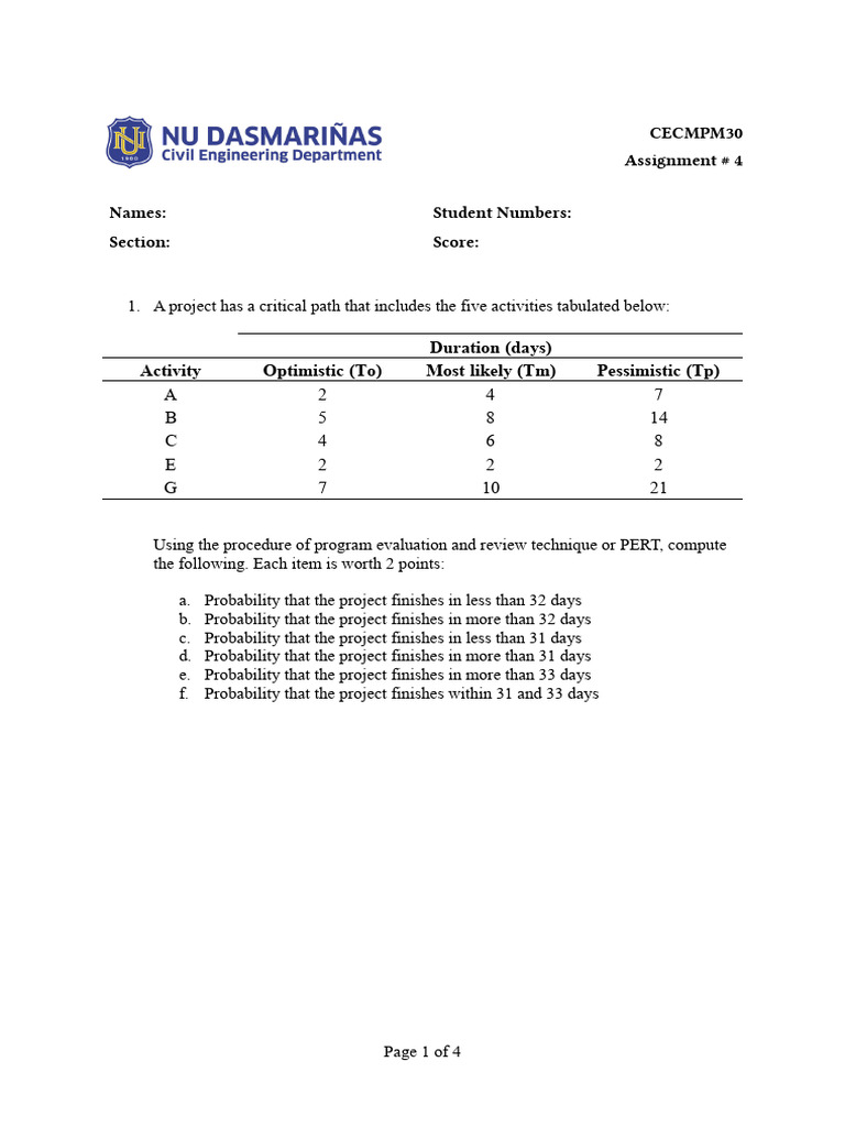 Assignment4 PERT LineOfBalance | PDF