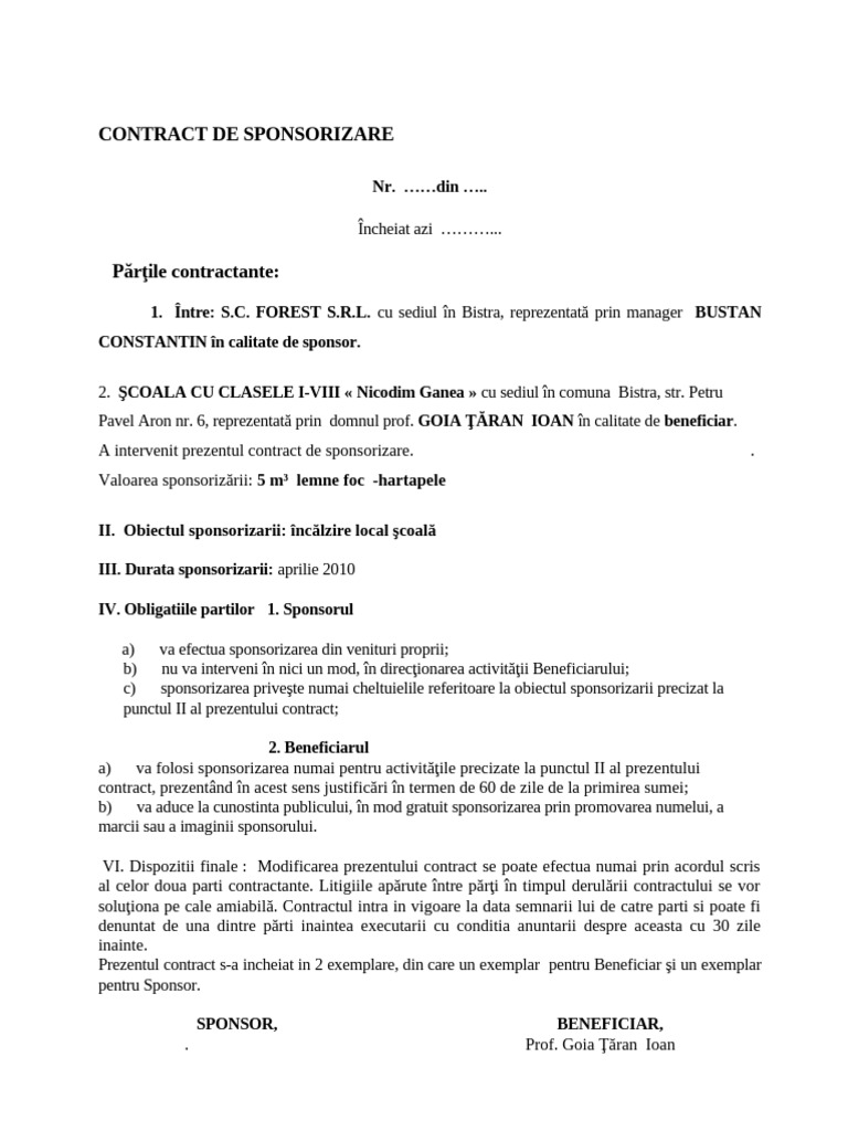 Contract de Sponsorizare Notar | PDF