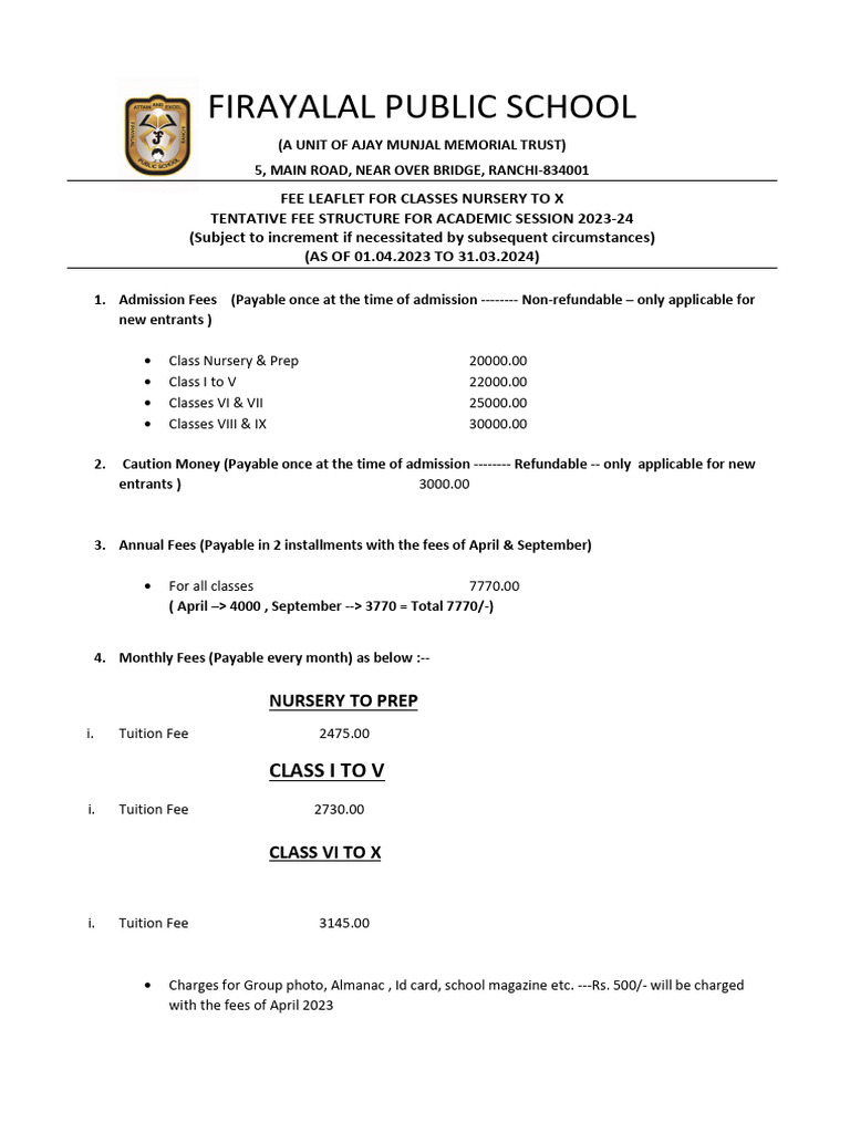 Fee Structure 2023-24 - Tentative | PDF