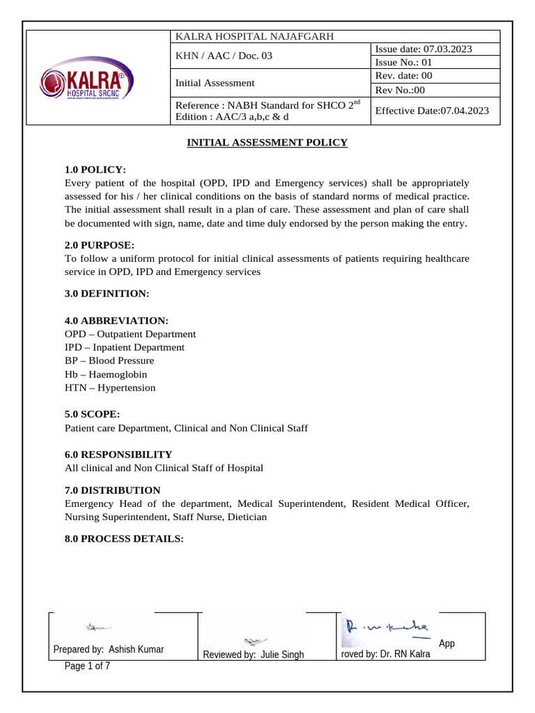 Initial Patient Assessment Protocol | PDF | Physician | Nursing