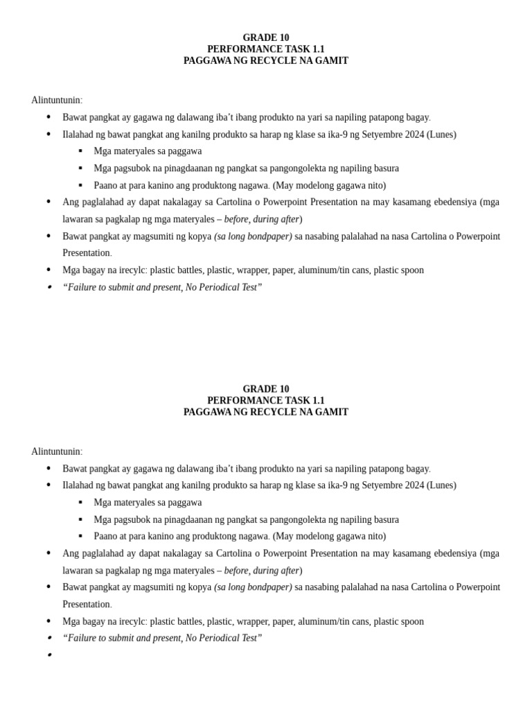 GRADE 10 Performace Task 1.1 | PDF