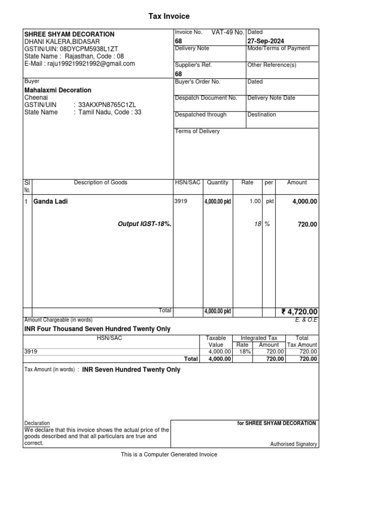 Tax Invoice: Shree Shyam Decoration 68 27-Sep-2024 | PDF