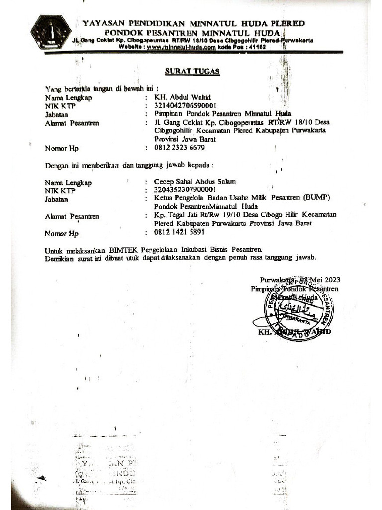 Surat Tugas PP Minnatul Huda | PDF