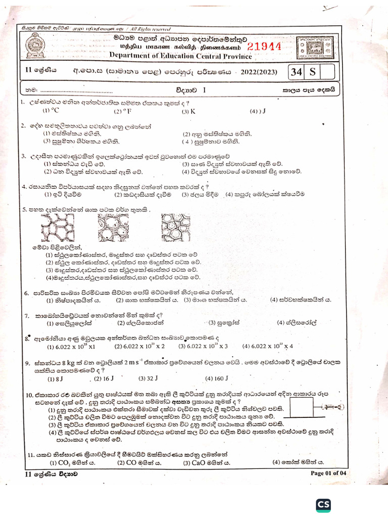 Grade 11 Science 3rd Term Test Paper Central Province | PDF