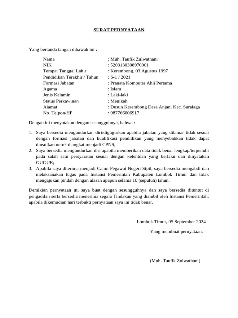 Surat Pernyataan Bersedia Mengabdi | PDF